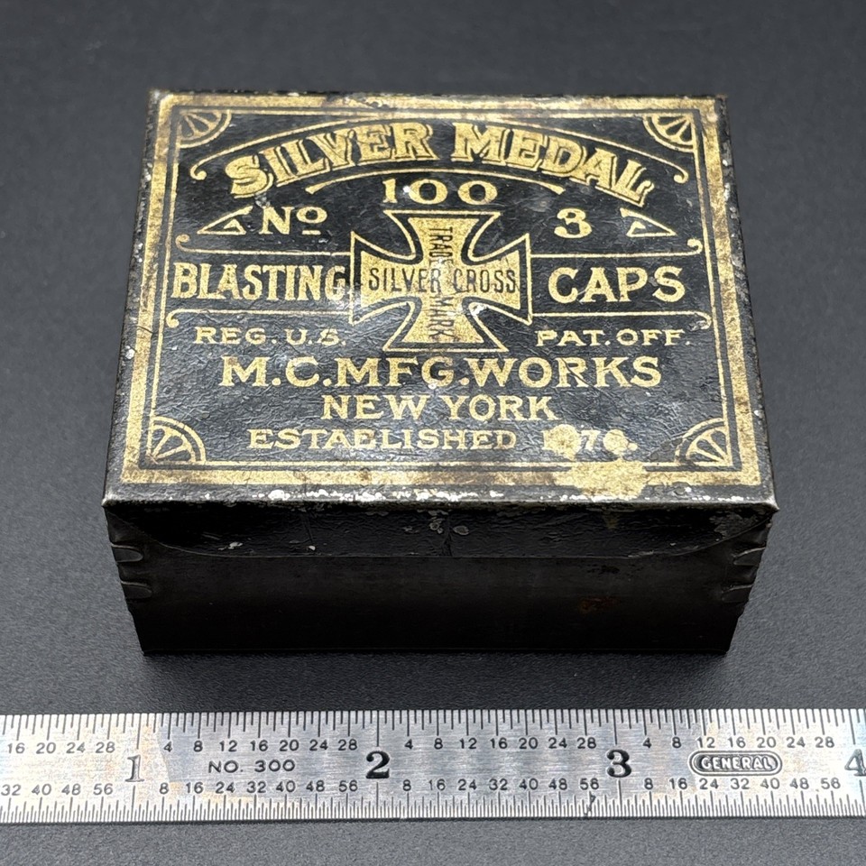 Antique Blasting Cap Primers 2 Part Empty Metal Box Silver Medal M.C ...