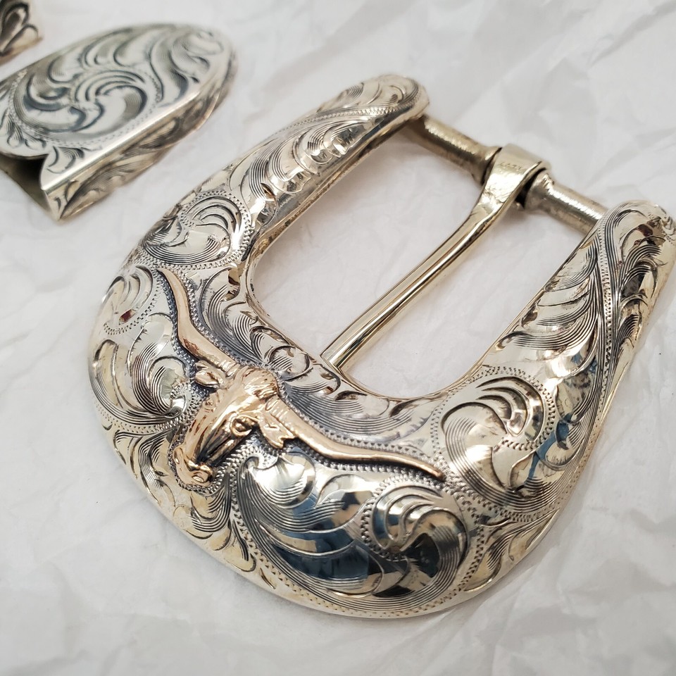 MINT Chet Vogt Longhorn Sterling Silver 14K Gold Fill 3pc Belt Buckle ...