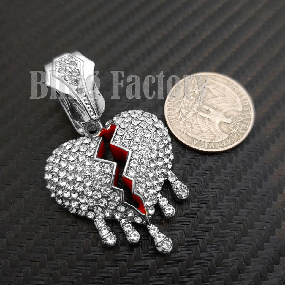 Silver Plated Alloy Drip Broken Heart Iced Cubic Zirconia Cuban Chain ...