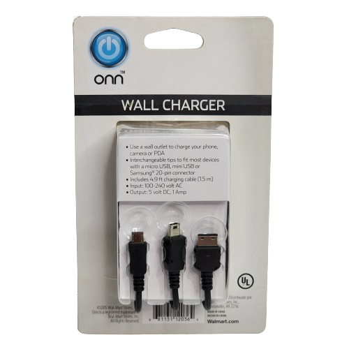 new Onn Wall Charger 3 in 1 Micro Mini USB Samsung 20 Pin Connector ...