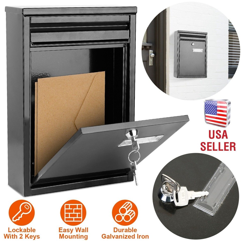 Iron Wall Mount Mailbox Letter Post Box Security Drop Box with 2 Keys ...