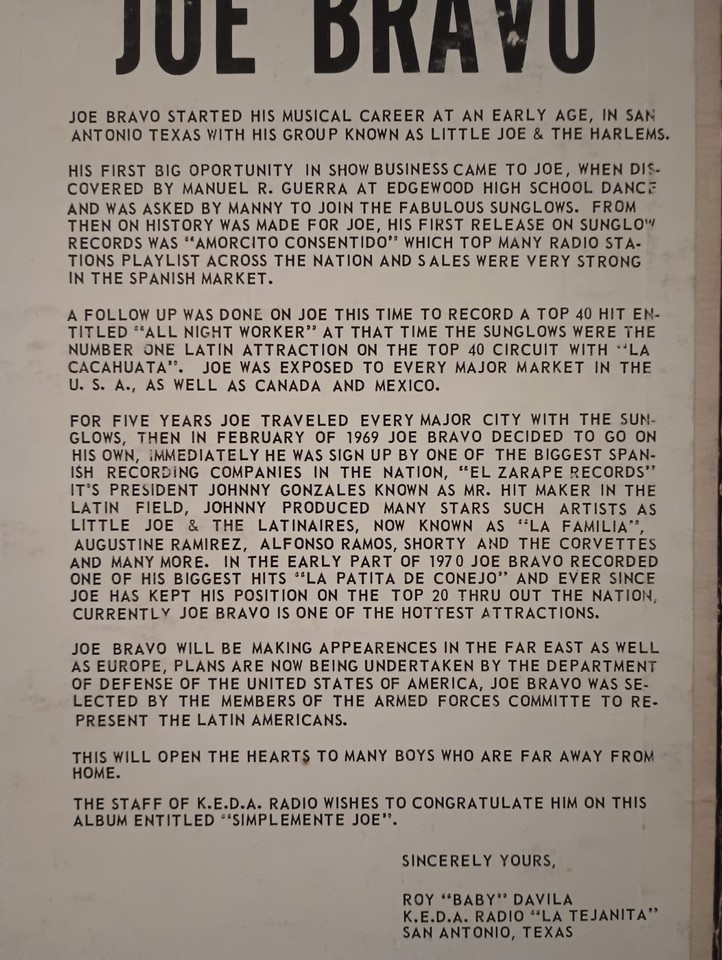Joe Bravo - Simplemente Vinyl LP El Zarape ZLP-1067 Tejano | eBay