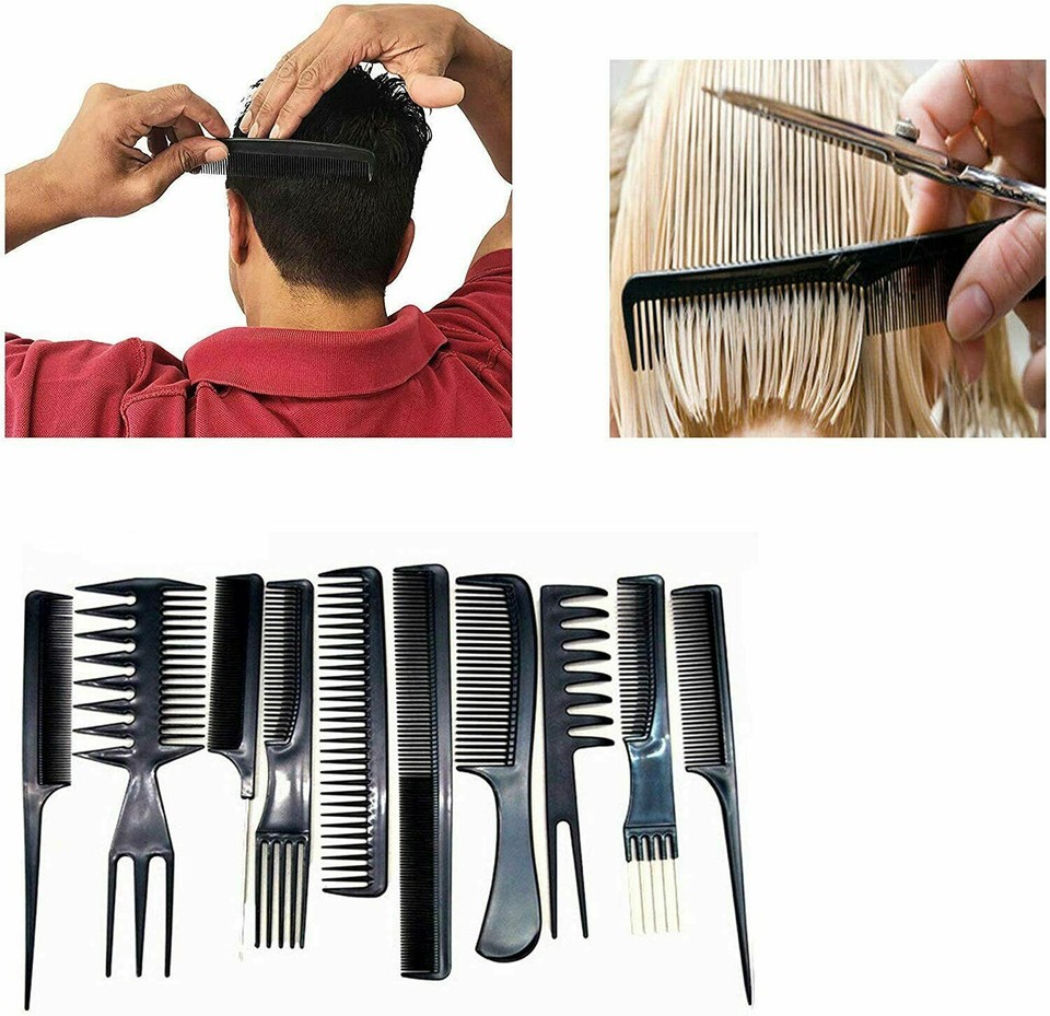 10 PCS HAIR STYLING COMB SET PROFESSIONAL BLACK HAIRDRESSING BRUSH ...