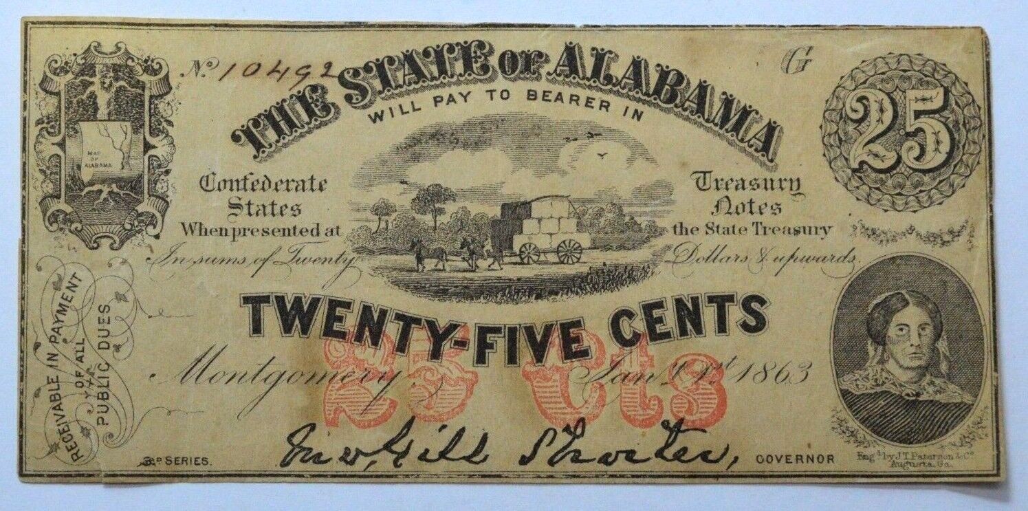 1863 25 Cents Note Montgomery Alabama Civil War Confederate Paper Money ...