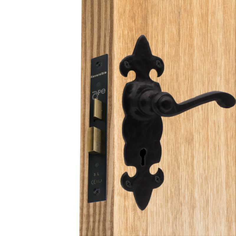 Black Iron Door Handles Fleur De Lys Pattern Lever Lock Latch Bathroom ...