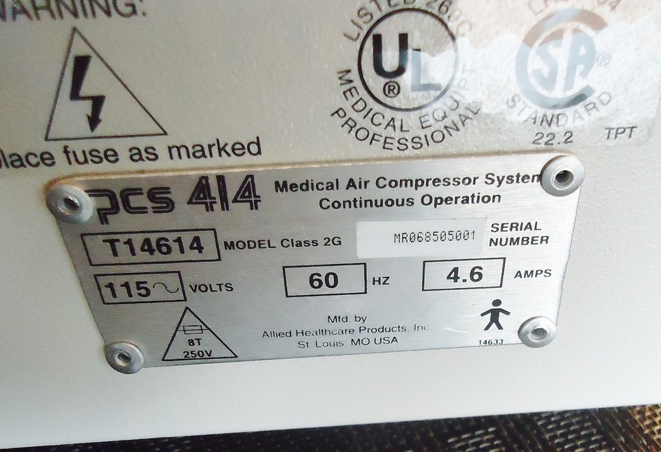 TIMETER BY ALLIED PCS 414 AIR COMPRESSOR T14614, 115V, 60 Hz. 4.6 AMPS ...