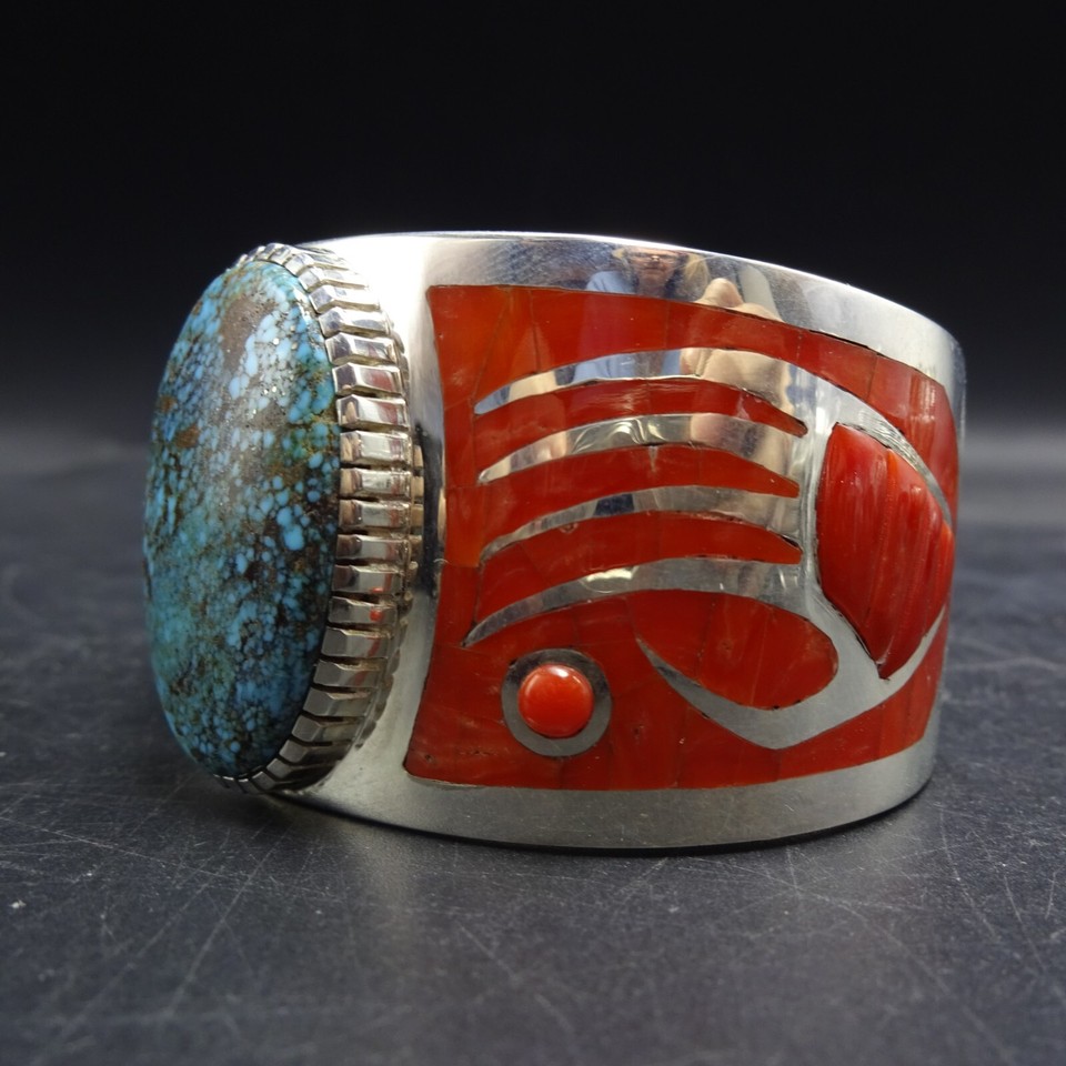 MICHAEL PERRY Navajo TURQUOISE and CORAL Sterling Silver YEI Cuff ...