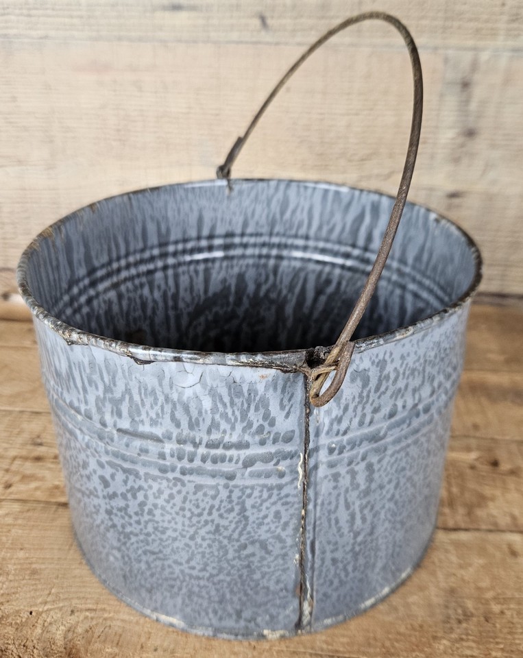 Antique Gray Enamel Graniteware Berry Pail Bucket w/handle 5" tall | eBay