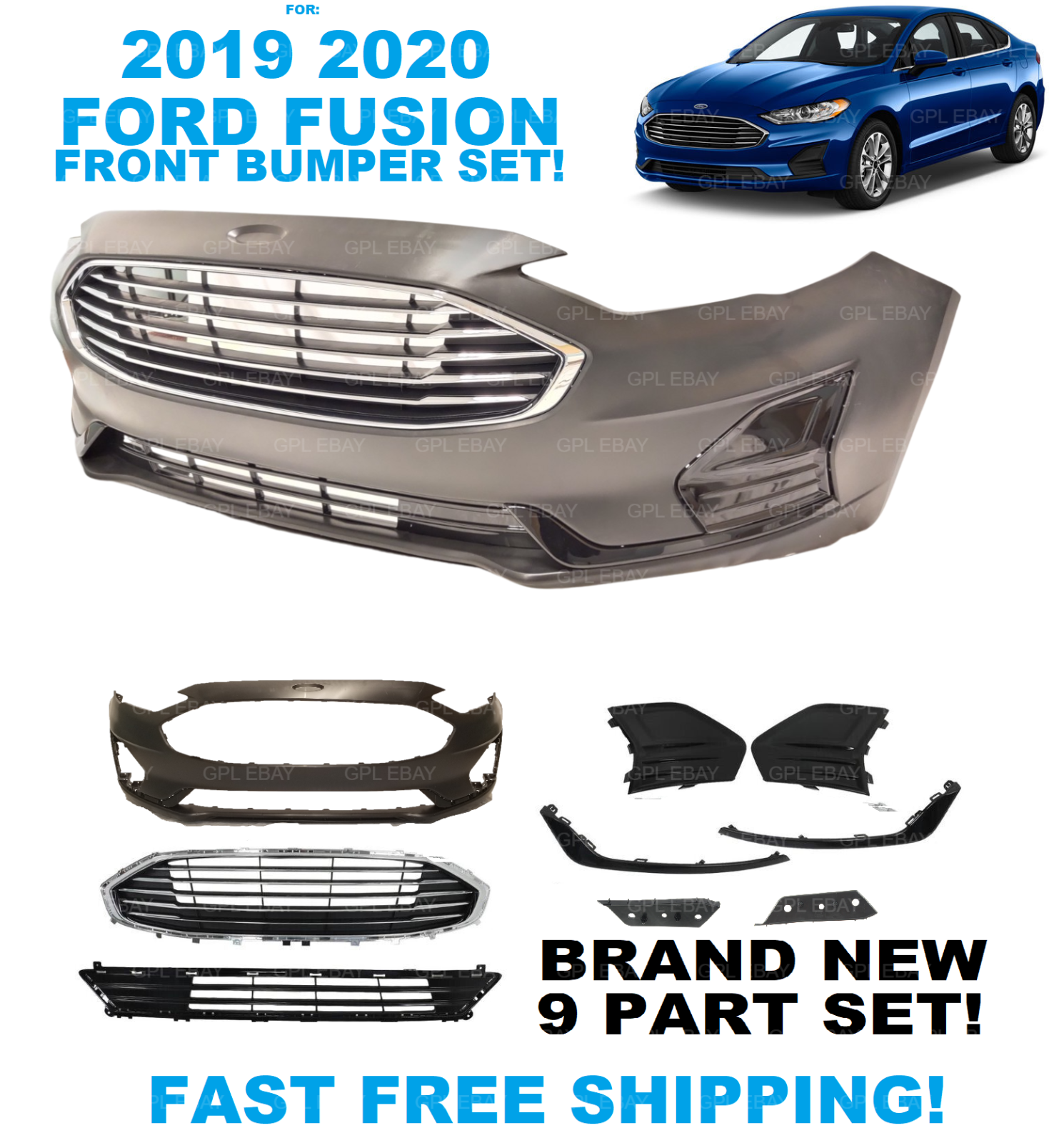 Fits 2019 2020 Ford Fusion Front Bumper & Upper Lower GRILL FOG COVERS ...
