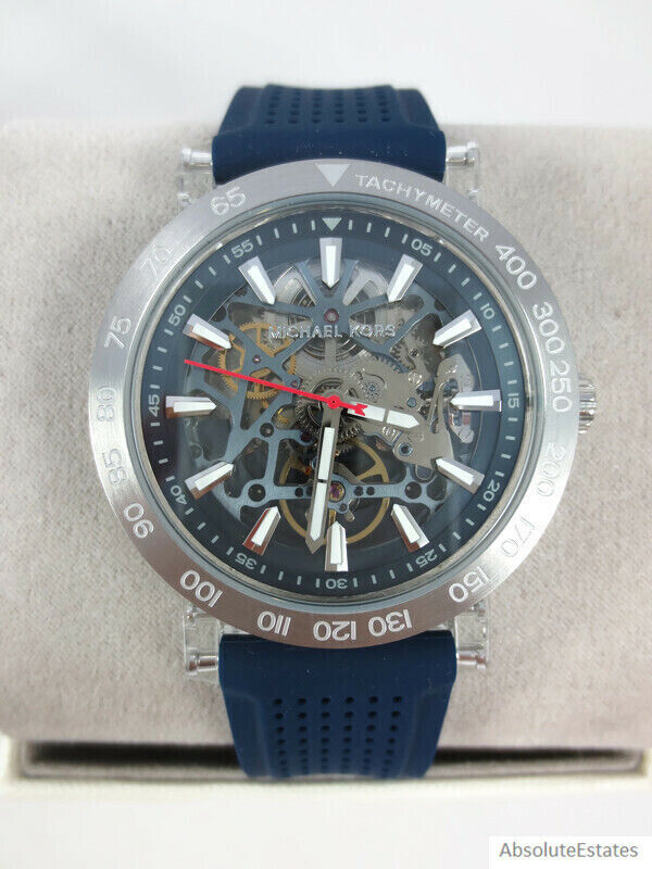 NEW Michael Kors Greer Silver Navy Blue Mens Automatic NEW Michael Kors Greer Silver Navy Blue Mens Automatic