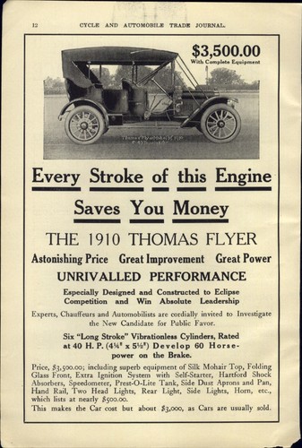 1909 PAPER AD CAR AUTO 2 PG 1910 Thomas Flyer Automobile Model M ...