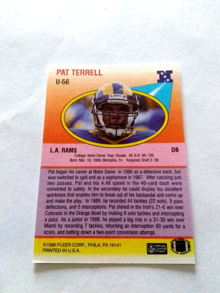 1990 Fleer Update Football Pat Terrell Rookie Card #U-56 Factory Set ...