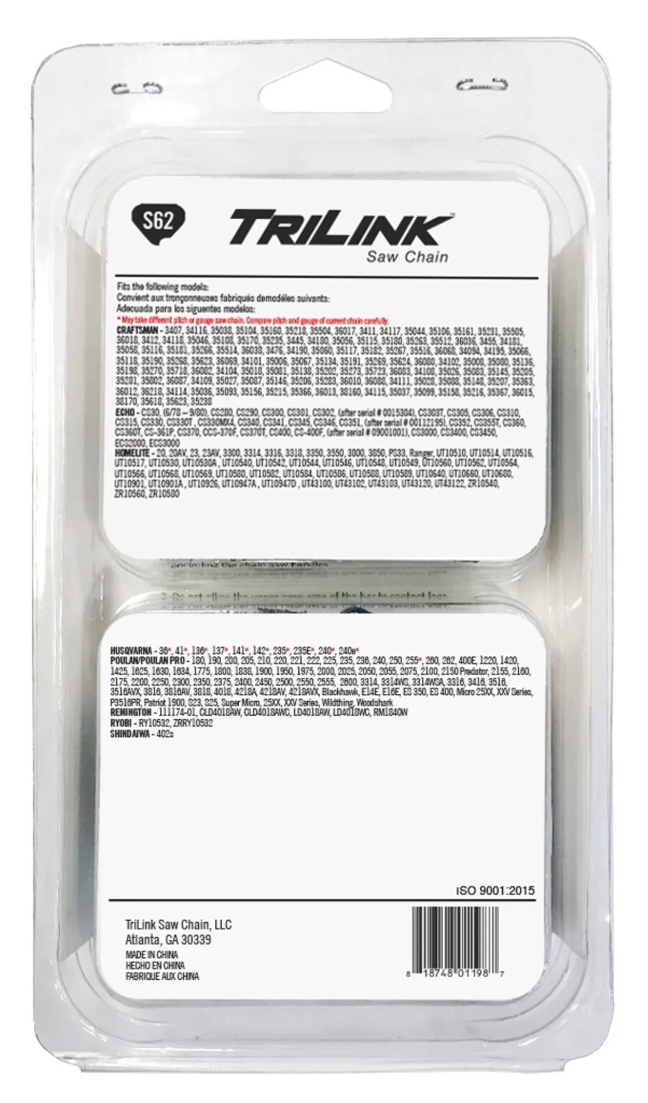 TriLink Saw Chain Chainsaw Chain 18" Low Kickback 2 Pack S62 | eBay