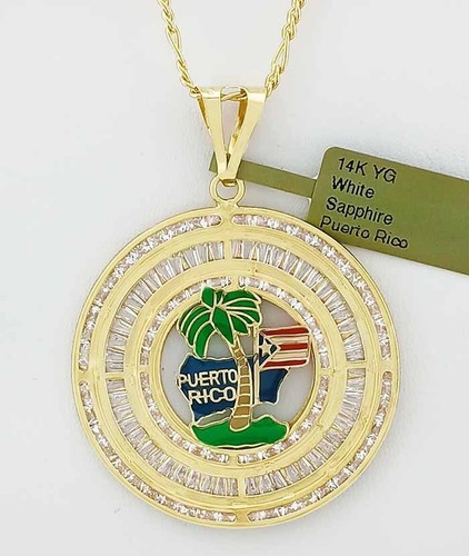 LAB CREATED WHITE CZ'S STONE PUERTO RICO PENDANT 14K YELLOW GOLD | eBay