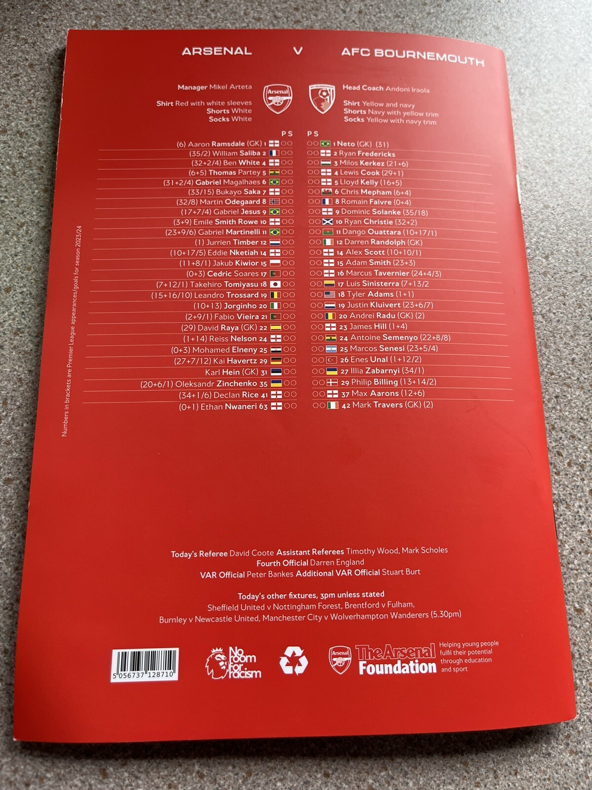 ARSENAL v BOURNEMOUTH Matchday Programme, | Grelly UK
