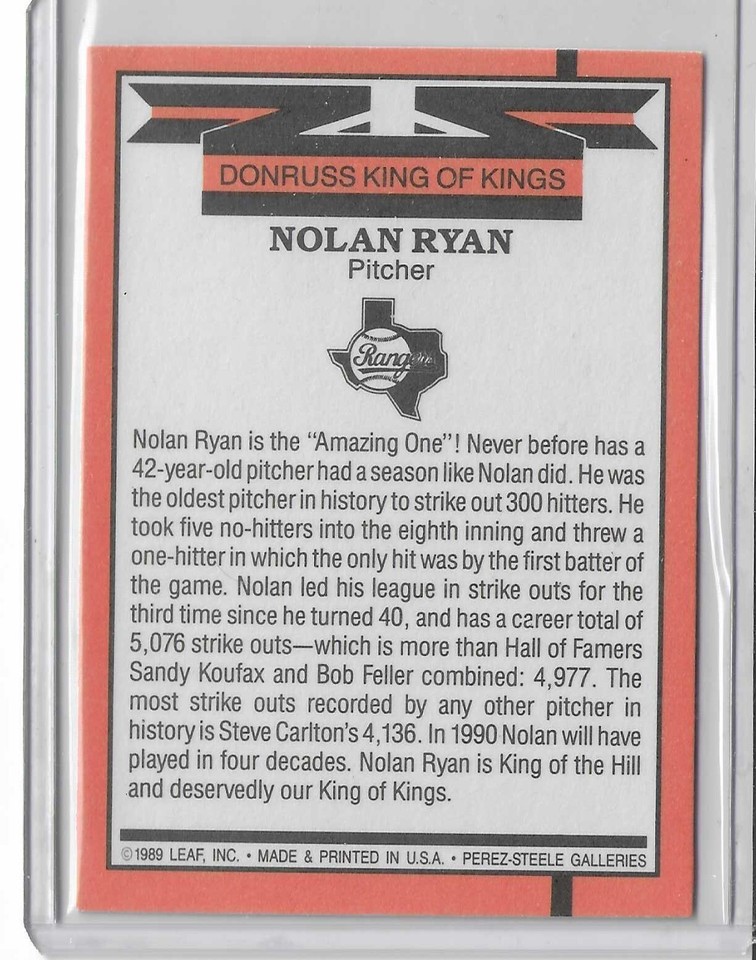 1990 Donruss Nolan Ryan King of Kings Rare Error Card, No Number On Back Of Card | eBay