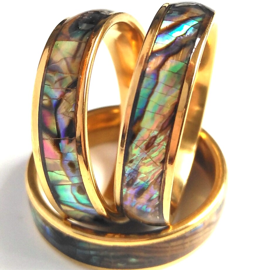 12pcs Gold & Silver Stainless Steel Abalone Shell Ring 6MM Unisex ...