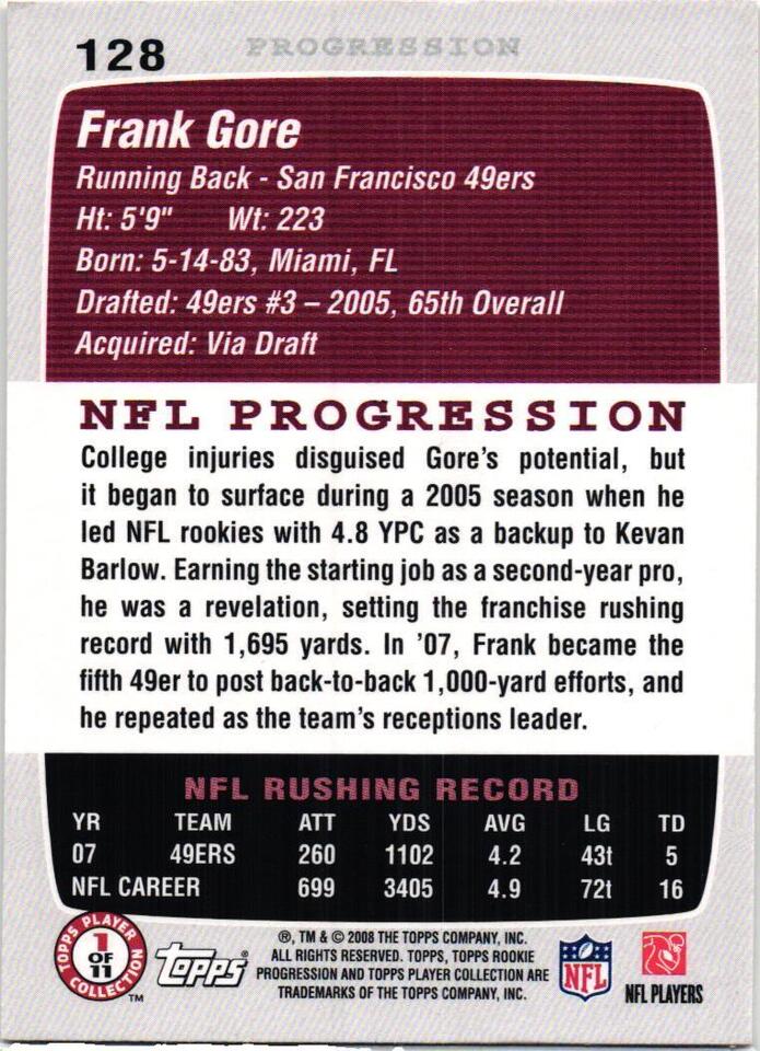 2008 Topps Rookie Progression #128 Frank Gore Excellent | eBay