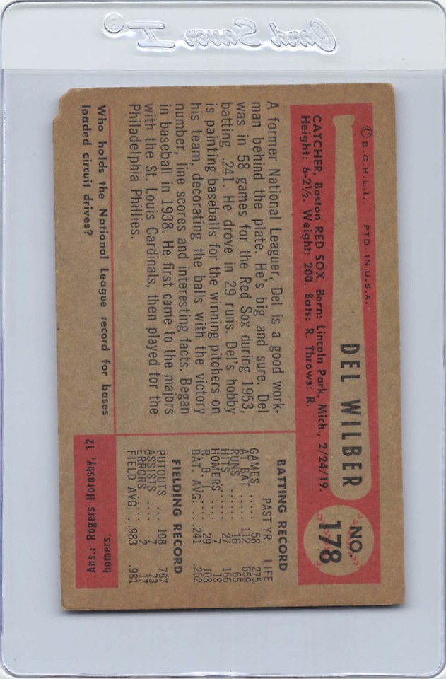 1954 Bowman #178 Del Wilber Red Sox Fair *1359 | eBay