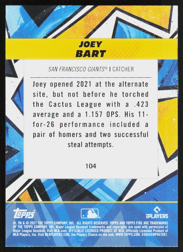 2021 Topps Fire Joey Bart #104 BASEBALL San Francisco Giants | eBay