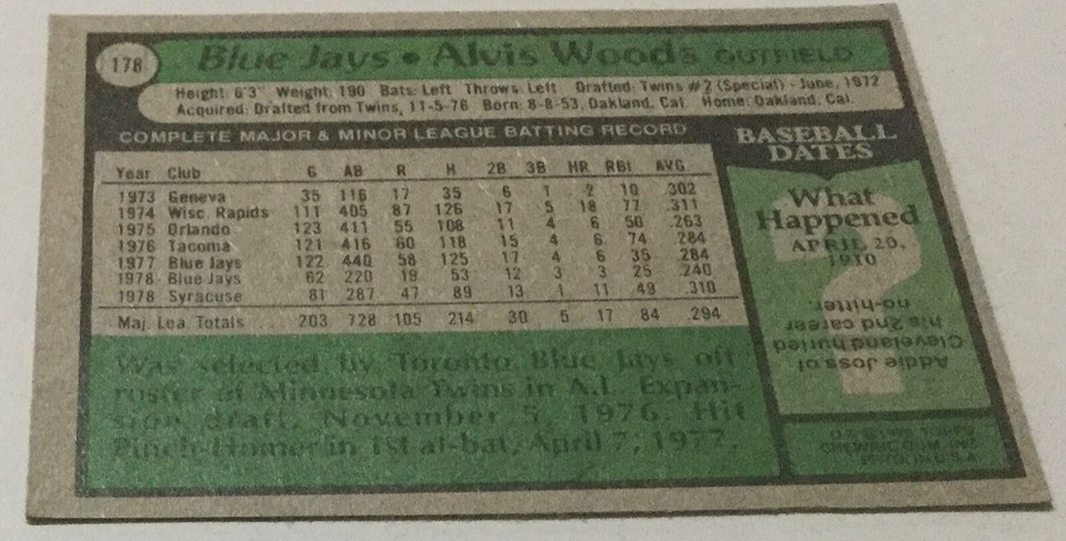 1979 Topps Baseball Blue Jays Alvis Woods Card # 178 | eBay