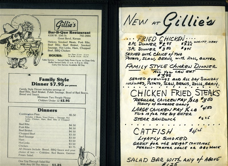 Gillie's Bar B Que Restaurant Menu W. 10th Street Great Bend Kansas | eBay