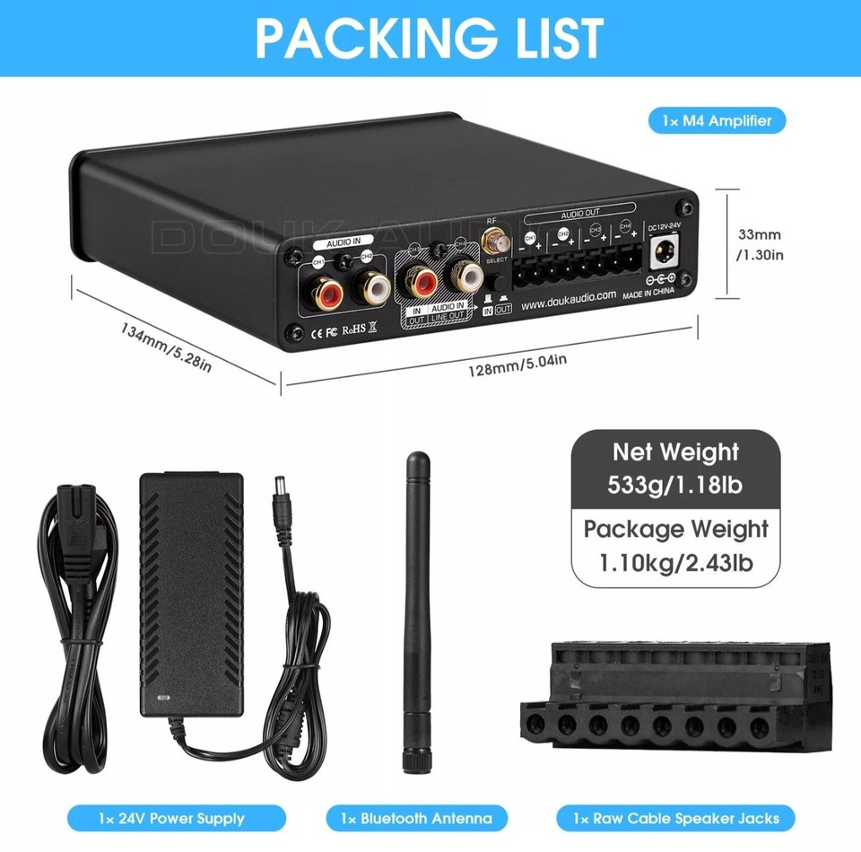 HiFi 4 Channel Multi-room Amplifier with Bluetooth Receiver Digital ...