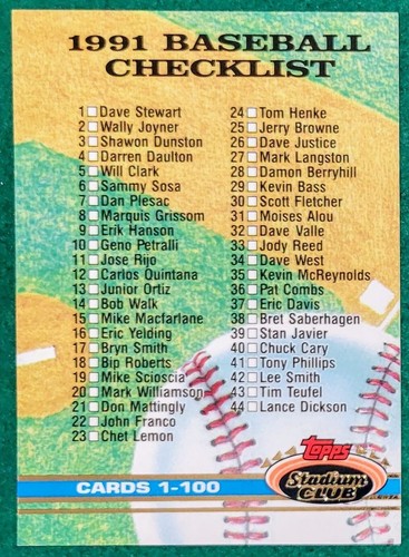 Checklist 1-100 - 1991 Topps Stadium Club #298 - Baseball Card | eBay