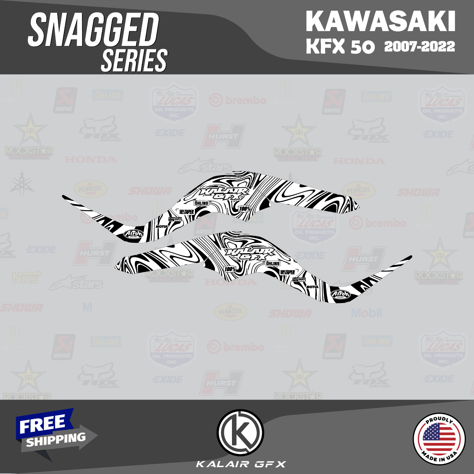 Graphics Kit for Kawasaki ATV KFX50 (2007-2022) Snagged-White (16 Mil ...