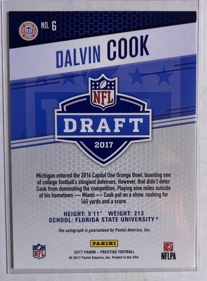 Dalvin Cook 2017 Prestige Big Board Rookie Auto #’ed 12/25 #6 Ravens Rc ...