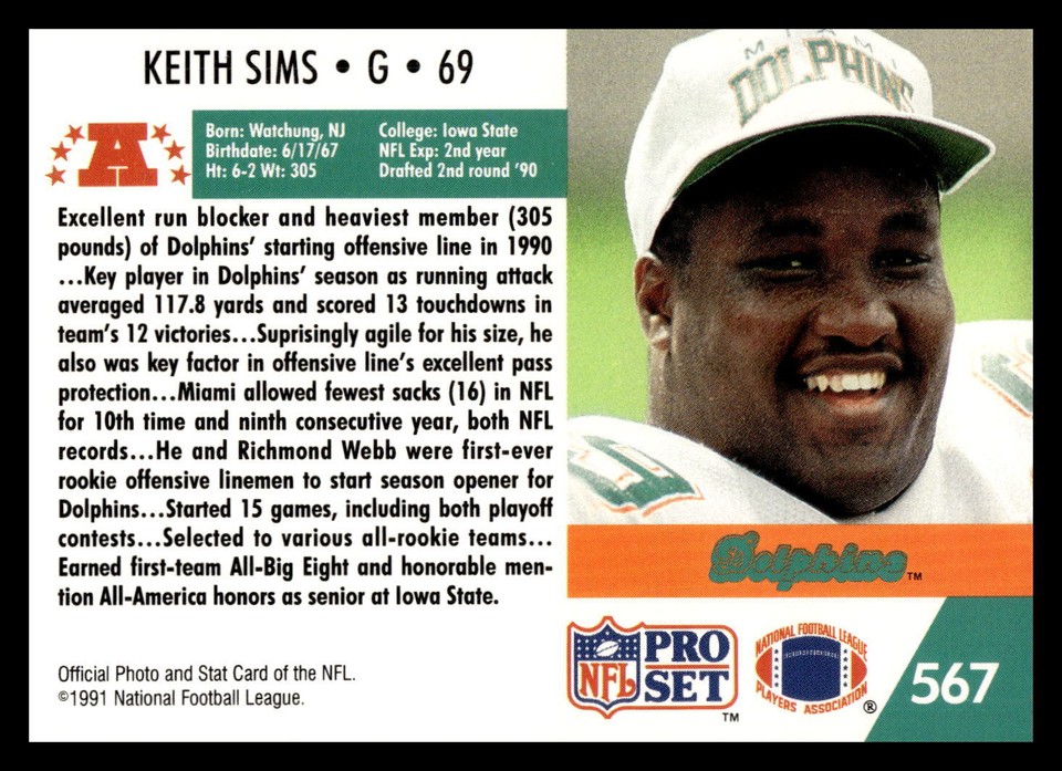1991 Pro Set #567 Keith Sims Miami Dolphins Football NM | eBay