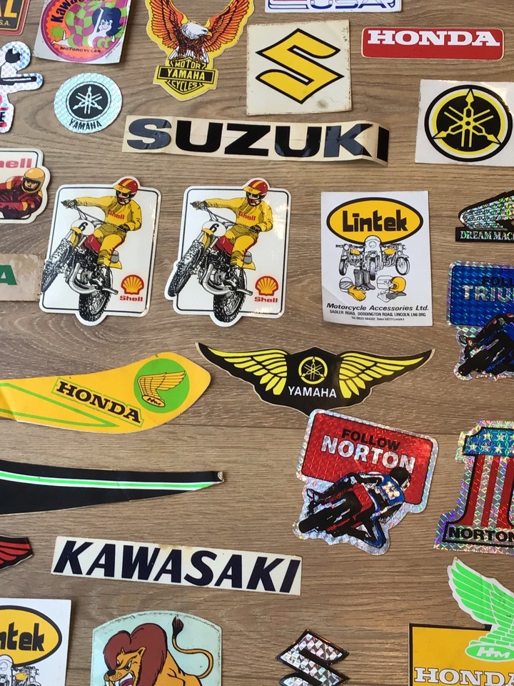 Job Lot of 80 Vintage Motorcycle - Stickers, Yamaha,Kawasaki,Suzuki etc ...