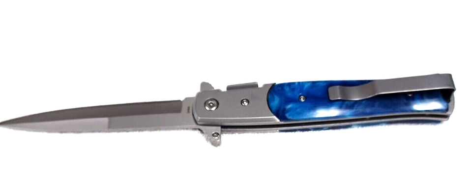 SPRING ASSISTED STILETTO STYLE KNIFE 8.75" POCKET KNIFE BLUE MARBLE ...