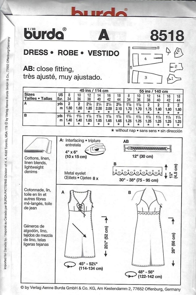 Burda 8518-Sewing Pattern -Dress - Misses Sizes 8-18-Uncut-Factory ...