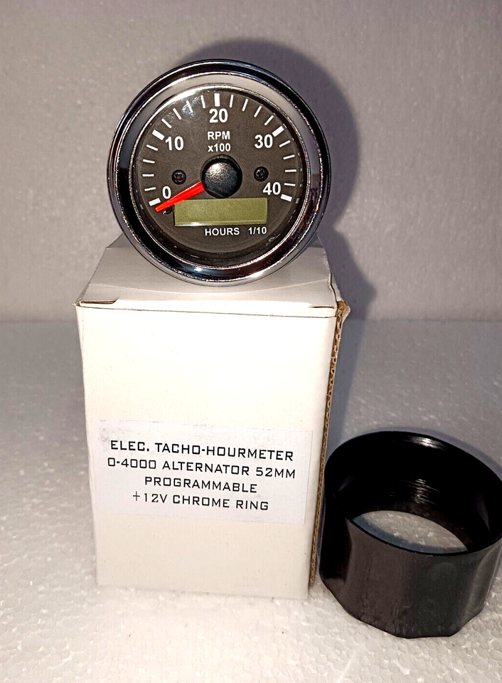 Tachometer/Hourmeter 0-4000 RPM Alternator Signal Gauge Black chrome ...