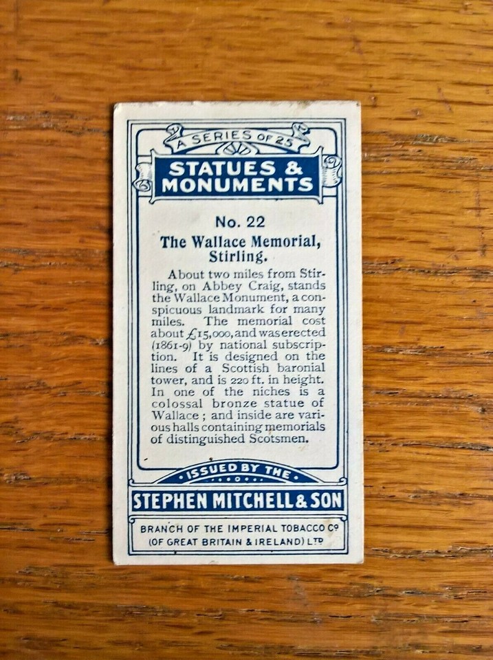Stephen Mitchell cigarette card: Statues & Monuments no. 22 Wallace ...