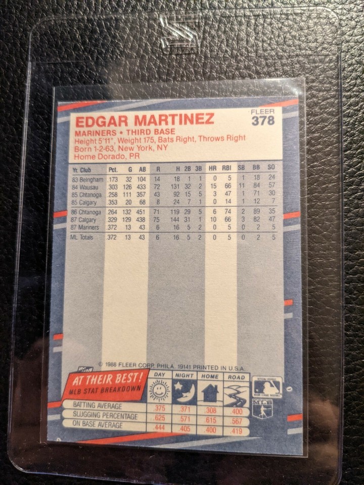 1988 FLEER #378 EDGAR MARTINEZ SEATTLE MARINERS ROOKIE CARD RC HOF | eBay