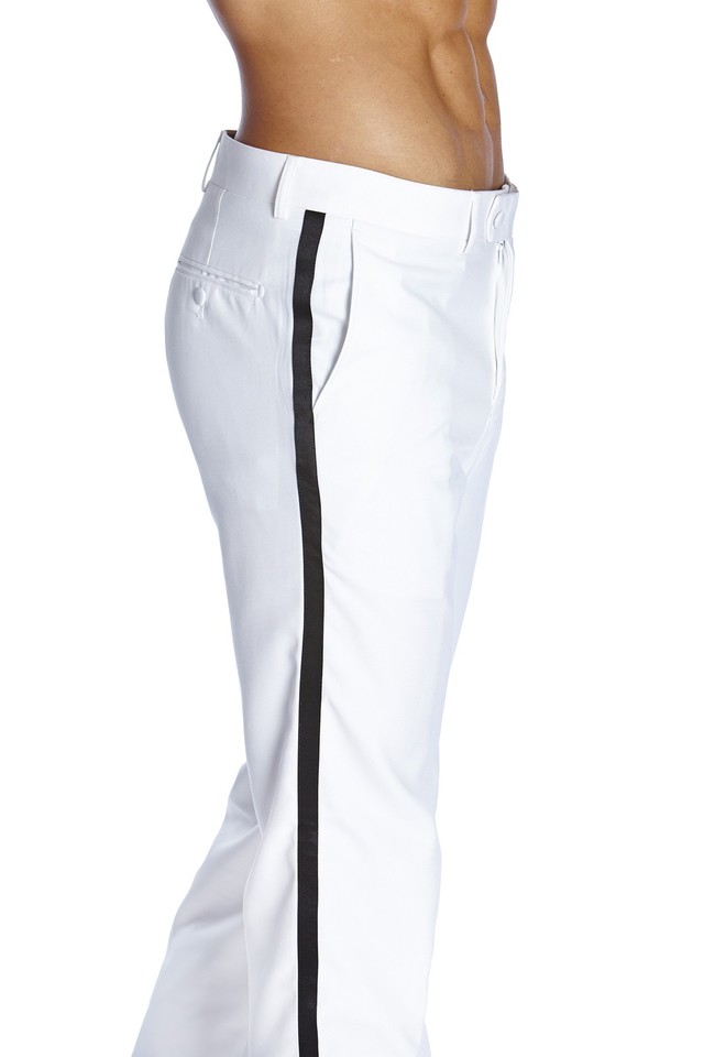CONCITOR Men's TUXEDO Pants Flat Front w/ BLACK Satin Band Stripe WHITE ...