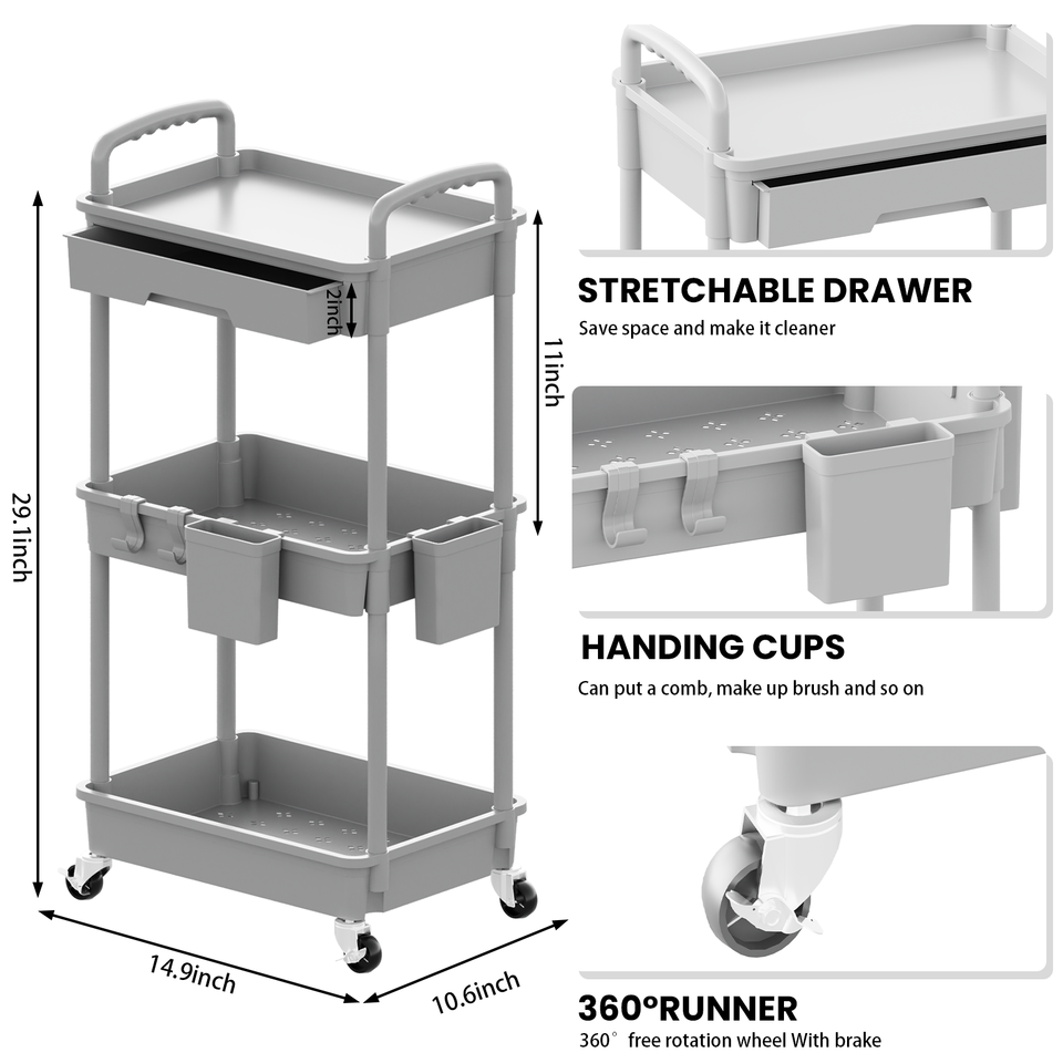 3 Tier Rolling Utility Cart with Drawer & Locking Wheels | eBay
