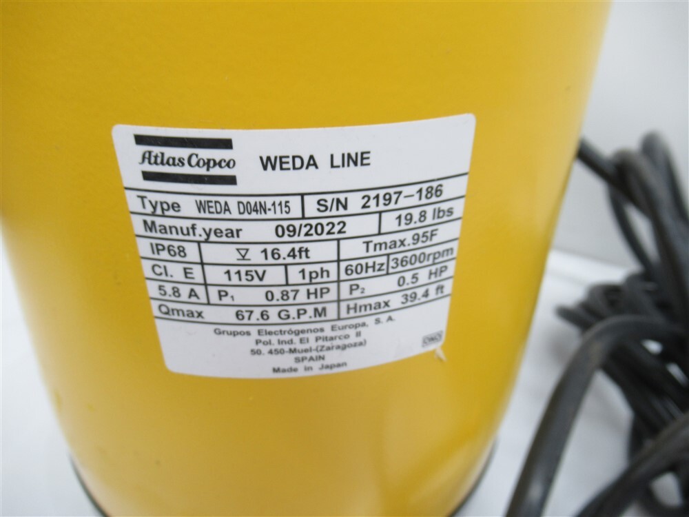 Atlas Copco WEDA D04N-115, .87 HP Submersible Drainage Pump, 115 Volt ...