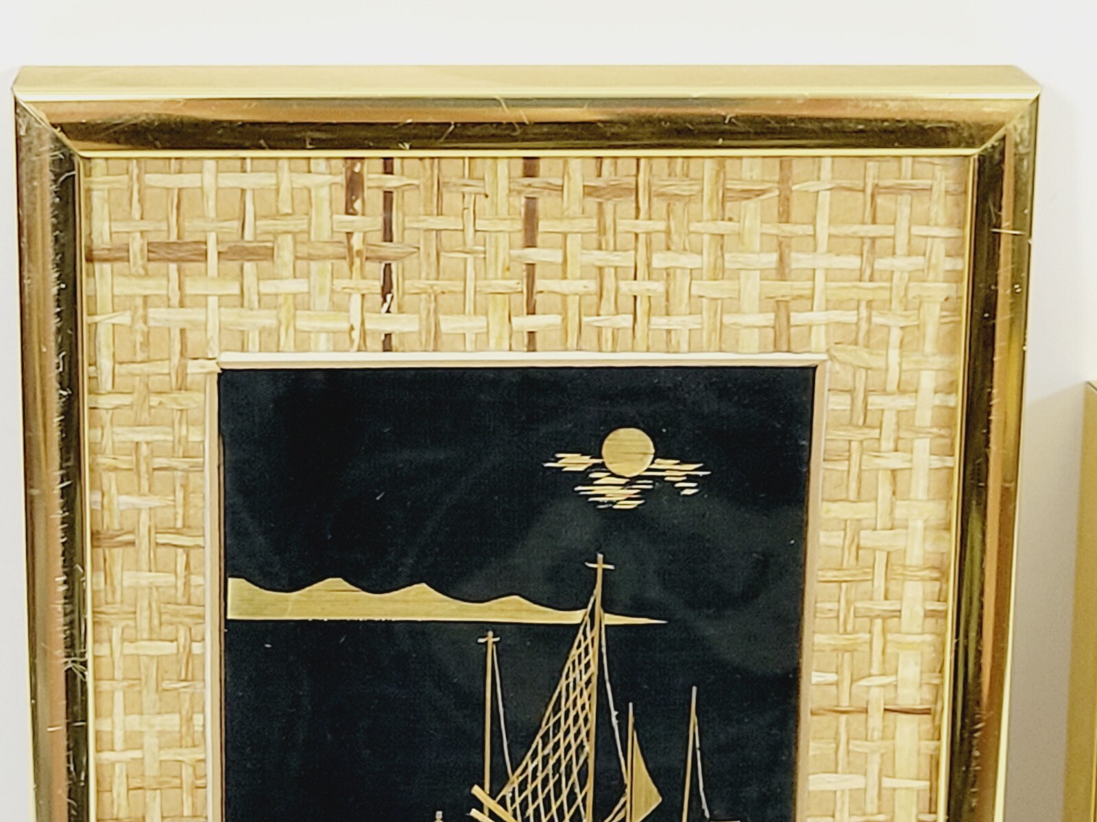 2 Vintage Asian Gold Frame Art Wood Bamboo Inlay Wall Hanging Home ...