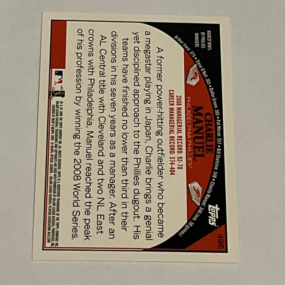 2009 Topps Charlie Manuel #496 Philadelphia Phillies Manager Card | eBay