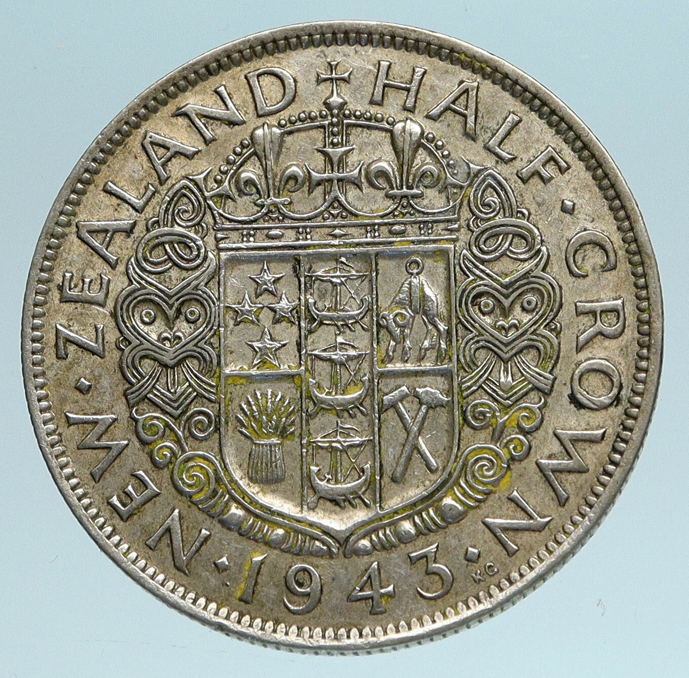 1943 NEW ZEALAND under UK King George VI Silver 1/2 Crown Coin Shield ...