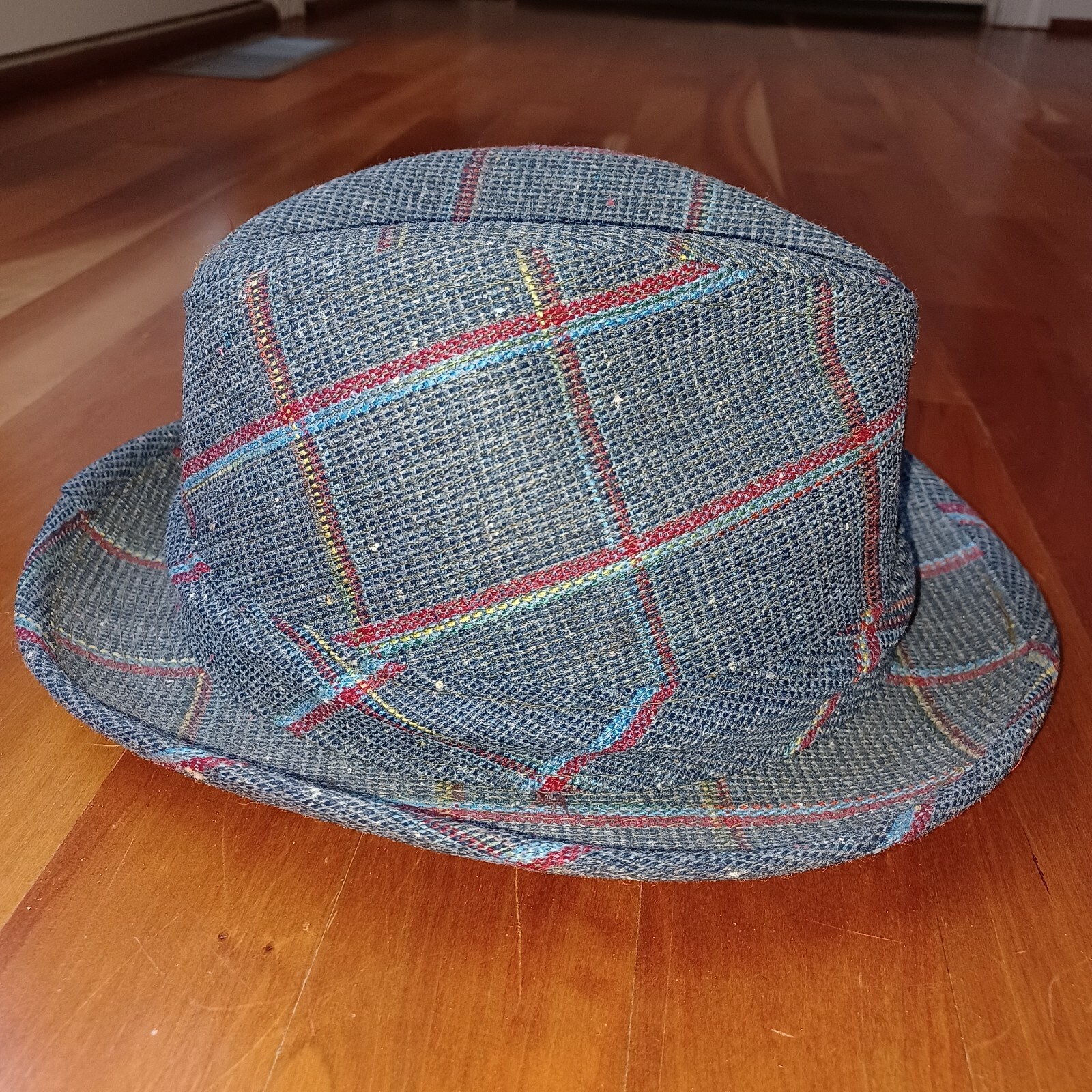 Vintage Stevens Fedora Hat Plaid Pattern Light Blue R… - Gem