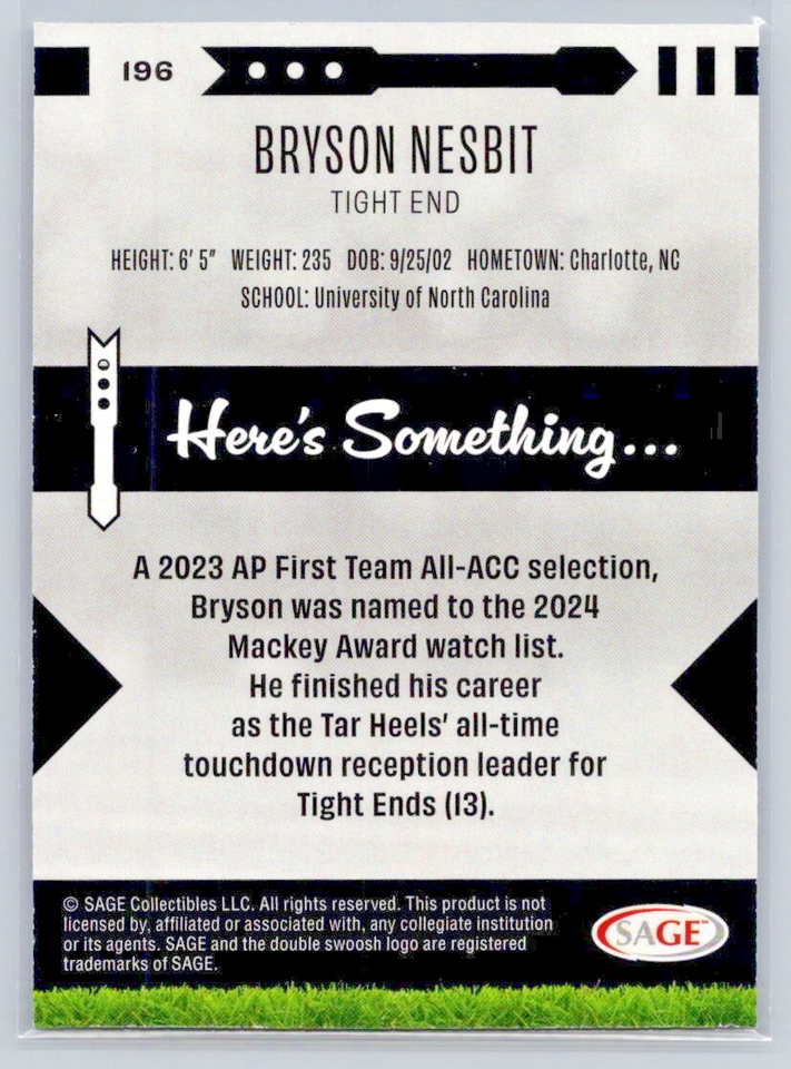2025 SAGE Football - Bryson Nesbit - North Carolina Tar Heels - #196 | eBay