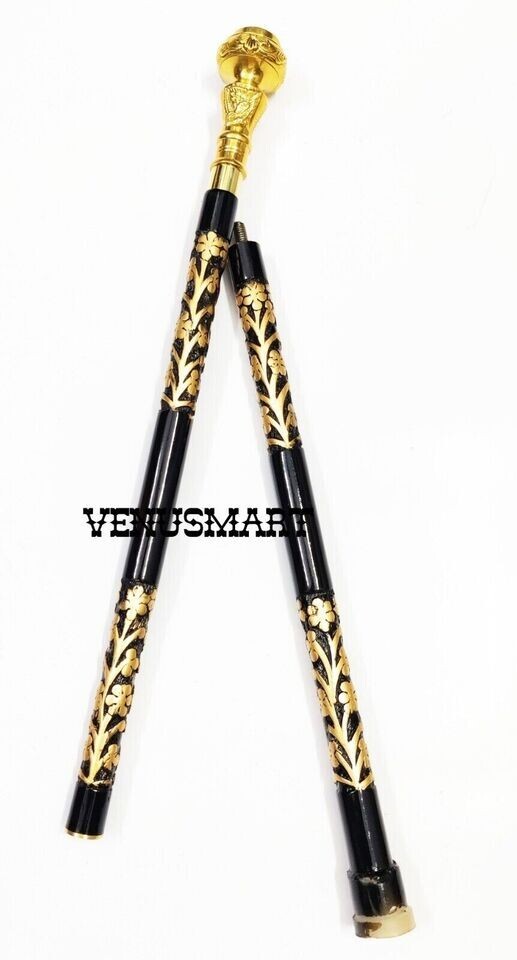 Antique Brass Designer Compass Head Handle Wooden Walking Stick Cane ...