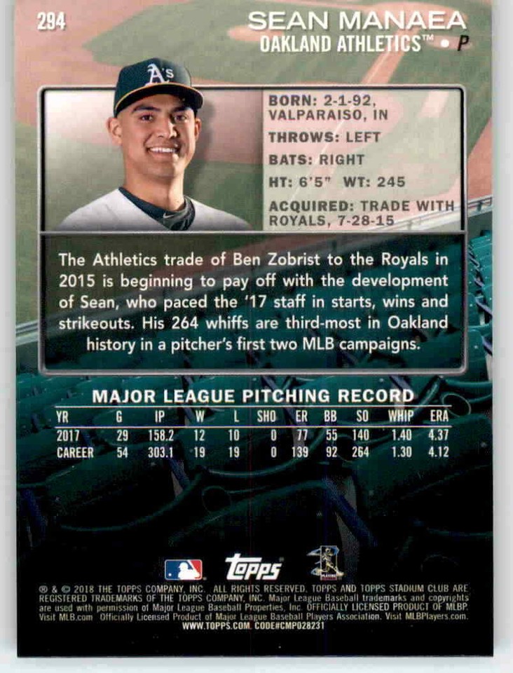 2018 Stadium Club Sean Manaea Base Card MLB PWE A's Athletics #294 | eBay