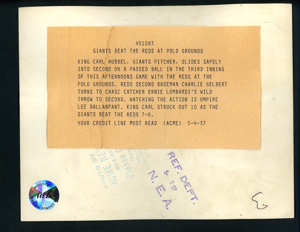 Carl Hubbell Charlie Gelbert Ballanfant 1937 Press Photo New York ...