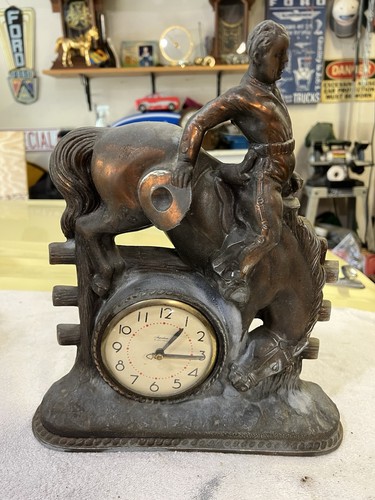 Bucking Bronco Cowboy Clock 13 1/2” Tall 12” Wide YES IT WORKS. Needs ...
