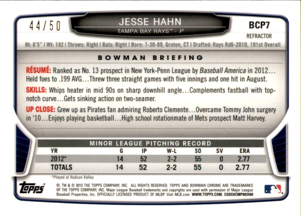 2013 Bowman Chrome Prospects Gold Refractor #BCP7 Jesse Hahn RC Rookie ...